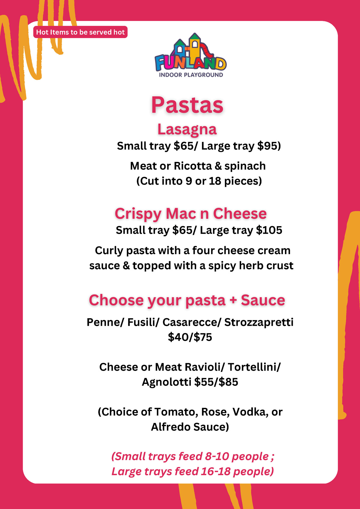 Funland Indoor Playground Menu for catering